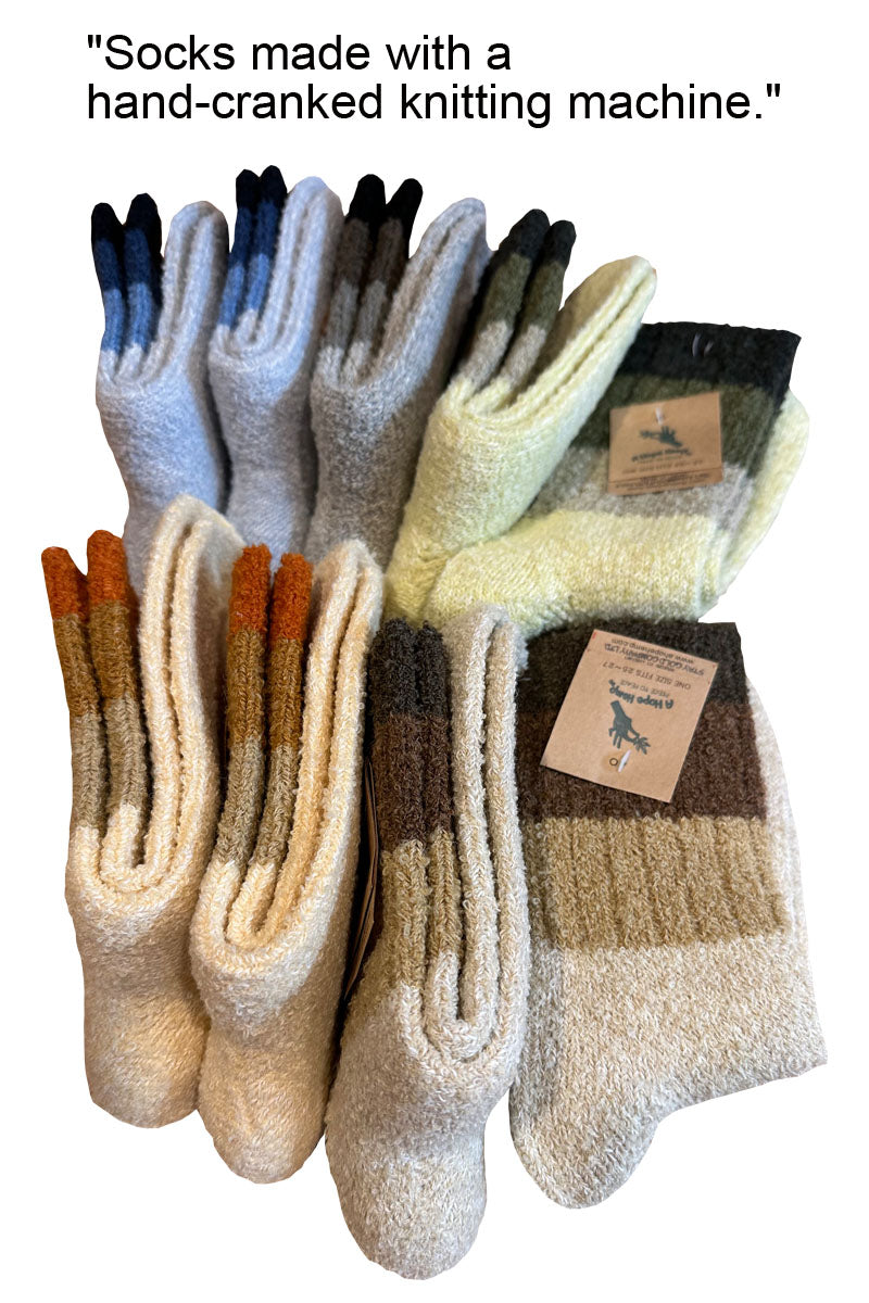 "Socks made with a hand-cranked knitting machine." – HIMENOYUMOTHER